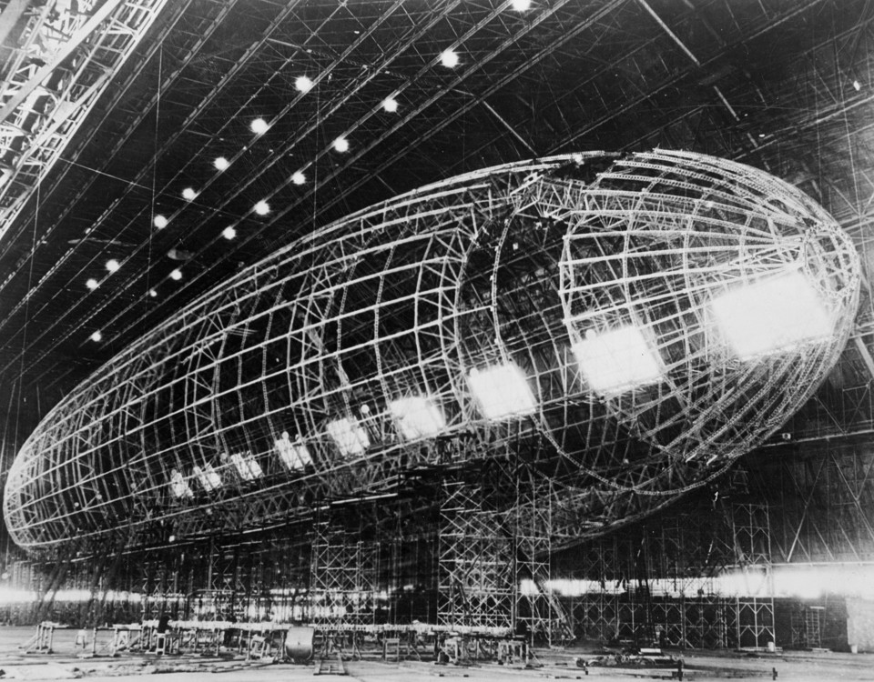Airborne aircraft carrier USS Macon inside her home port, the 8 acre ...