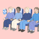 Illustration of a row of four airplane seats next to a window with a person in each seat holding the hand of the person next to them, on a light-pink background.