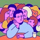 illustration of a man who is holding a cup of coffee and surrounded by faces staring at him