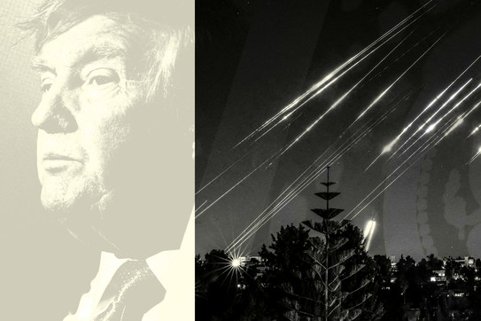 An illustration of President Trump next to an image of missiles fired from Iran in the night sky over Jerusalem