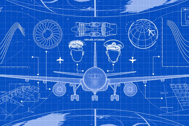 Stylized blueprints showing airplane details
