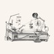 A black-and-white pencil-like illustration of a person in a bed surrounded by a number of gadgets meant to induce sleep: an eye mask, a helmet, a plant, a mobile, a brain-wave scanner.