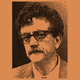 A black stipple portrait of Kurt Vonnegut, over a light-brown background.