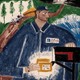 painted illustration of USPS letter carrier in blue baseball cap and jacket placing two letters into black mailbox with red flag, with USPS mail truck climbing a brown road up green hill with trees in background
