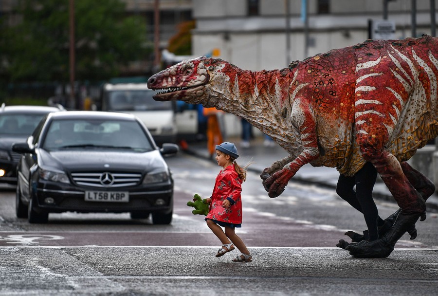 Photos of the Week: Pikachu Outbreak, Dinosaur Crossing, Ducky Derby ...