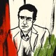 A sketch of a man in a suit with red, green, and white colors smeared around him