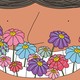 An illustration of a politely smiling man's face, with flowers blossoming from his teeth