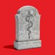 Illustration of a tombstone with a symbol of medicine on it