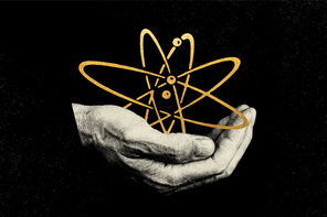 Illustration of a black-and-white human hand holding a giant golden atom