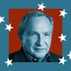 Photo of guest George Friedman against a blue background and falling white stars