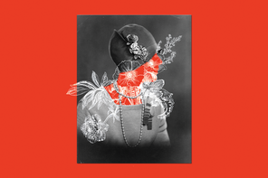 Collage-style black-and-white photo-illustration of a woman in a 1920s flapper hat, seen in profile, on a bright-red background; her head and neck have been replaced by a red silhouette, over which white photo images of flowers are placed, on red background