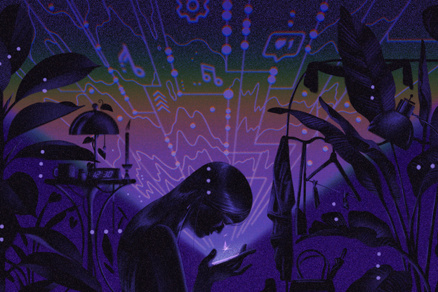 illustration of a woman looking down at a phone screen surrounded by plants