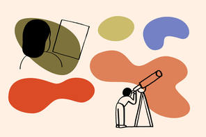 Colorful blobs behind an illustration of a person reading a paper and another person looking through a telescope