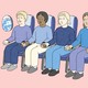 Illustration of a row of four airplane seats next to a window with a person in each seat holding the hand of the person next to them, on a light-pink background.