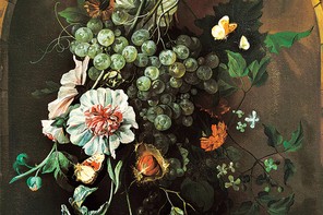 detail from still-life oil painting of flowers and grapes with butterfly and stone arch in background