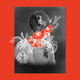 Collage-style black-and-white photo-illustration of a woman in a 1920s flapper hat, seen in profile, on a bright-red background; her head and neck have been replaced by a red silhouette, over which white photo images of flowers are placed, on red background