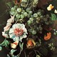 detail from still-life oil painting of flowers and grapes with butterfly and stone arch in background