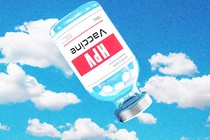 A graphic illustration of a vial of HPV vaccine floating upside down in a partly cloudy blue sky.