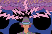 An illustration of a smiling person wearing a helmet that is acting as a lightning conductor