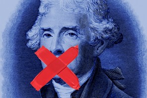 A blue illustration of Thomas Jefferson with red tape over his mouth